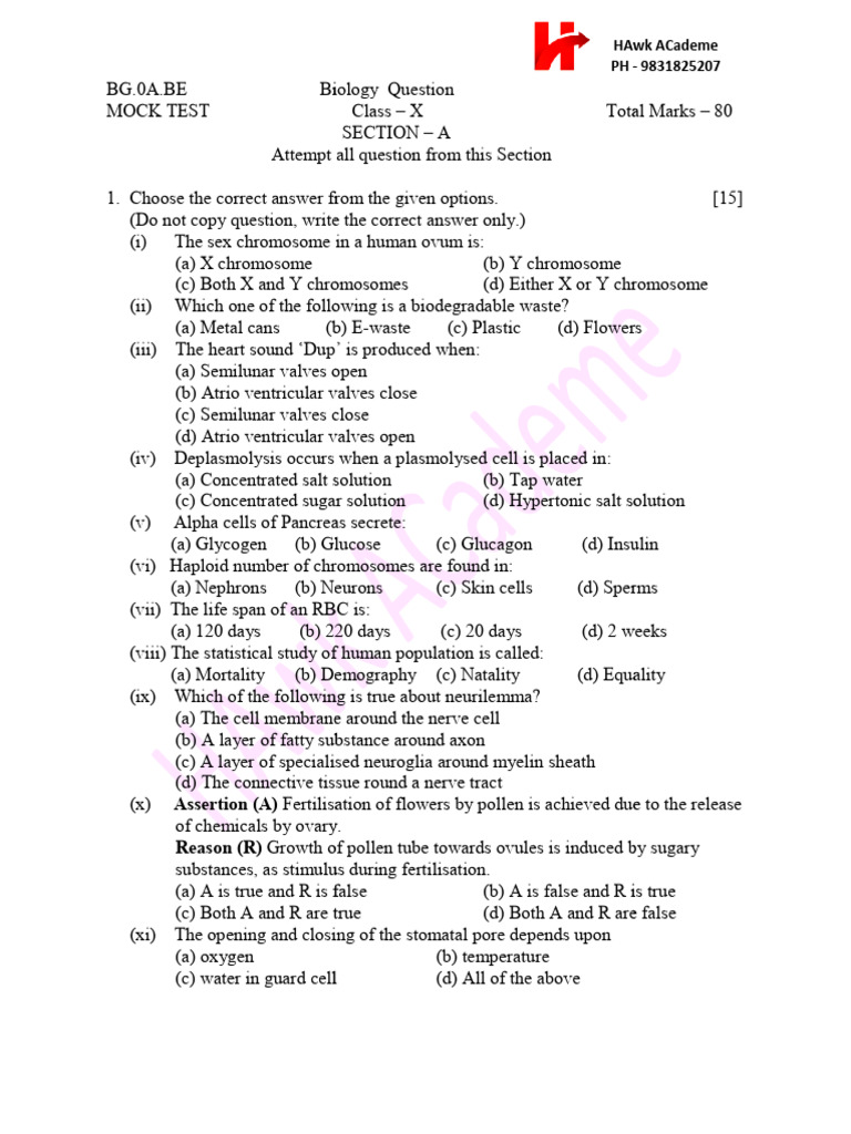 Class 10 - Biology BG.0A.be Q.ans. Mock Test. | PDF | Diastole | Anatomy