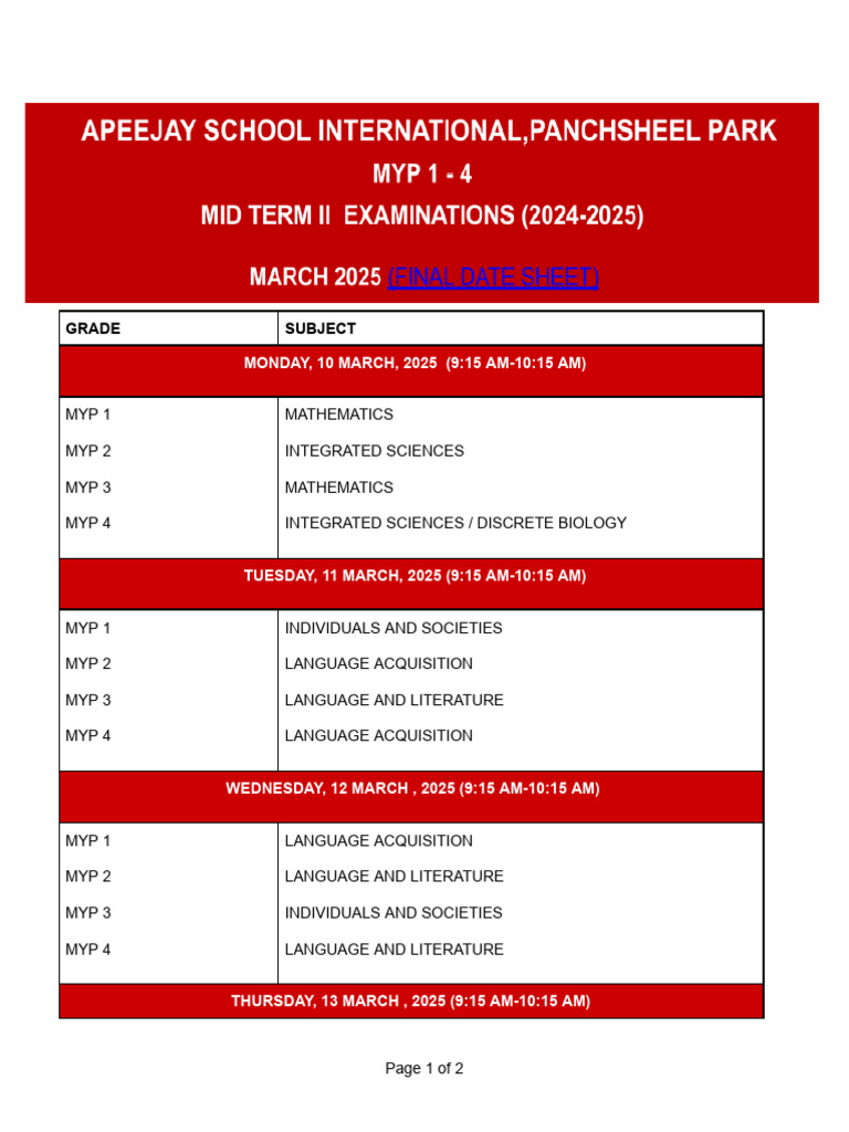 MYP Exam Schedule March 2025 | PDF