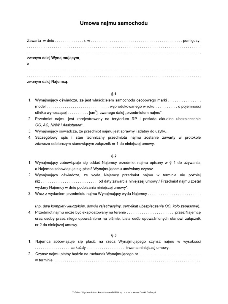 Umowa Najmu Samochodu | PDF