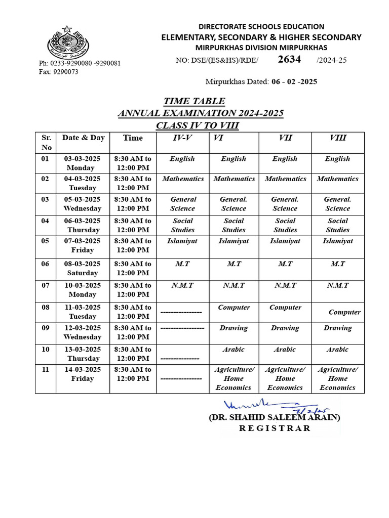 Time Table Annual Examination 2024-25 | PDF