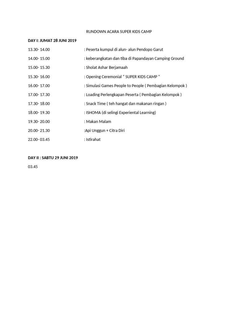 Rundown Super Kids Camp 2019 | PDF