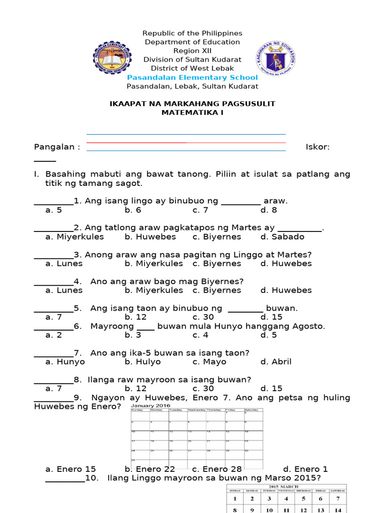 Grade-1 Fourth Quarter Examination - Matematika 1 | PDF