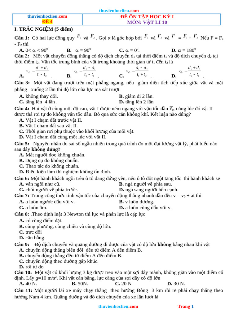 Thuvienhoclieu.com de on Tap HK1 Vat Li 10 de 4 | PDF