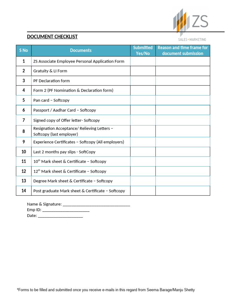 Document Submission Checklist for Employees | PDF