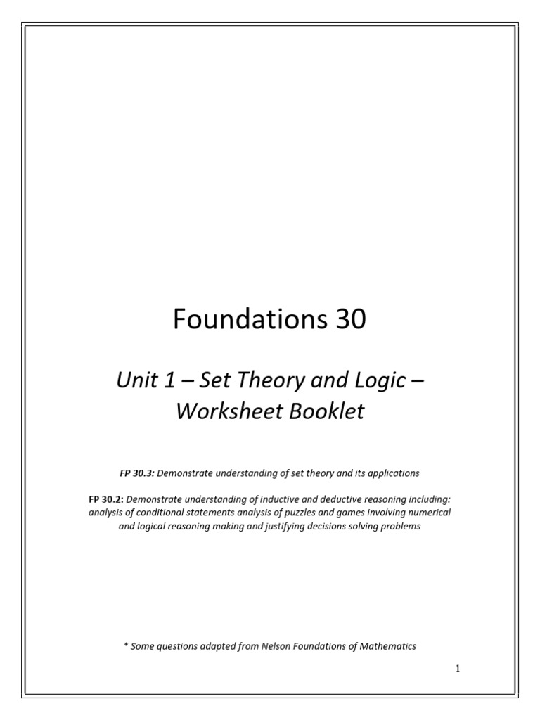 Unit 1 Set Theory and Logic Worksheet Booklet 1 | PDF | Set (Mathematics) | Mathematical Logic