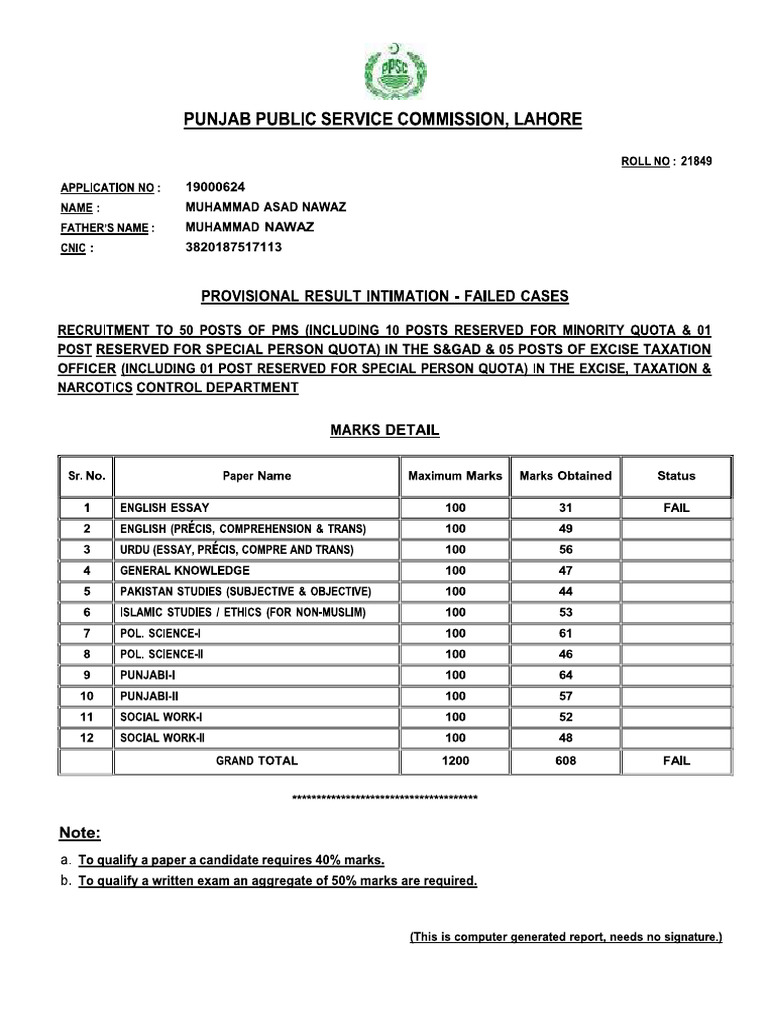 Detail Marks Sheet of MUHAMMAD ASAD NAWAZ | PDF
