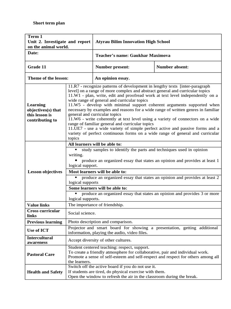 Short Term Plan Opinion Essay | PDF | Essays | Learning