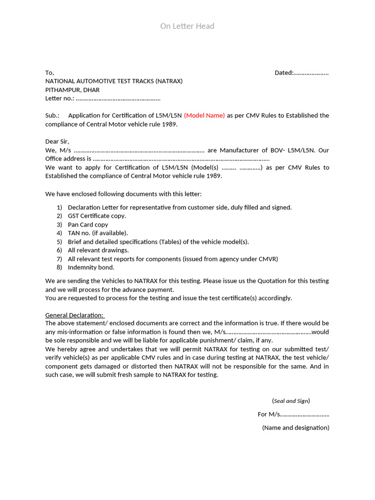 L5M/L5N Certification Application to NATRAX | PDF