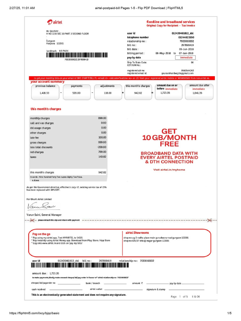Airtel Postpaid Bill Pages 1 | PDF