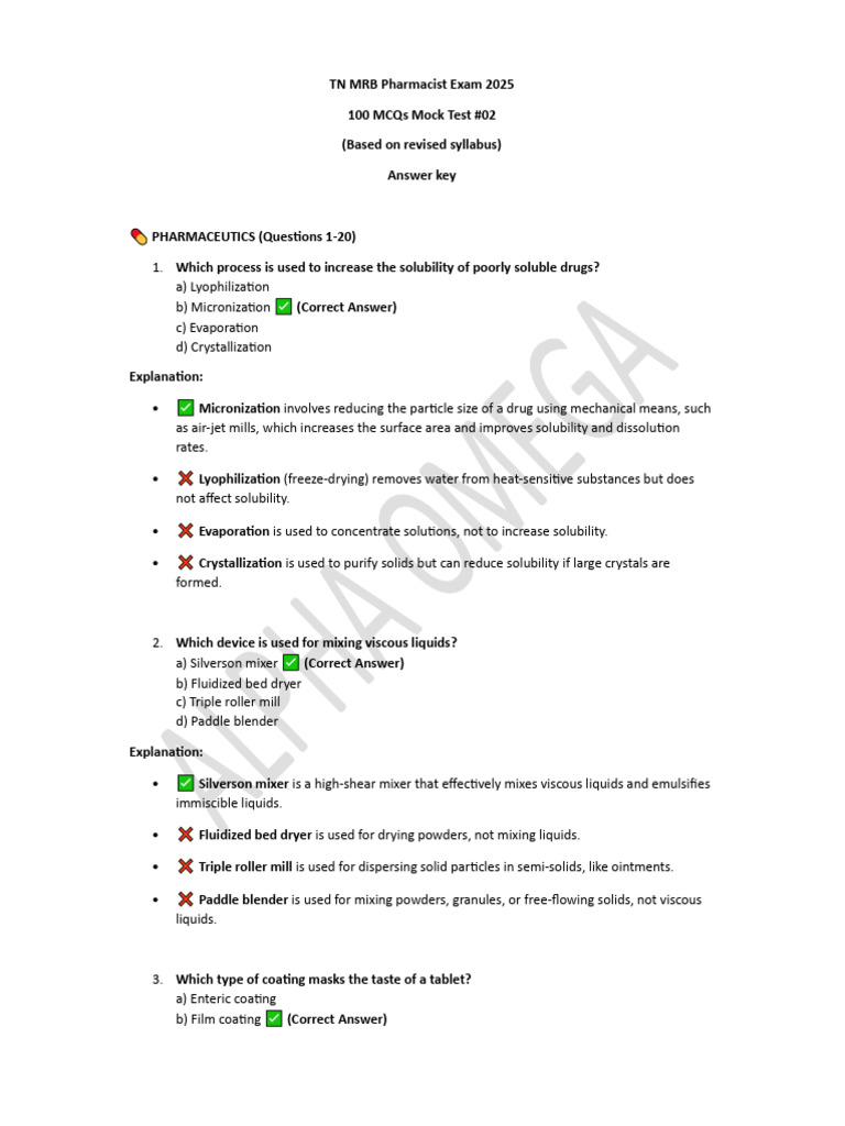 TN MRB Pharmacist Mock Test #02 Answer Key | PDF | Tablet (Pharmacy ...