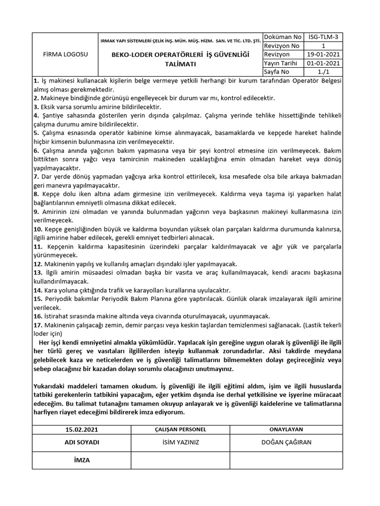Beko-Loder Operatörleri̇ İş Güvenli̇ği̇ Tali̇mati | PDF