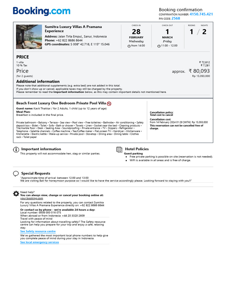 Confirmation Sumitra Luxury Villas | PDF