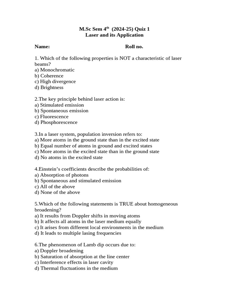 Quiz Laser 1 | PDF