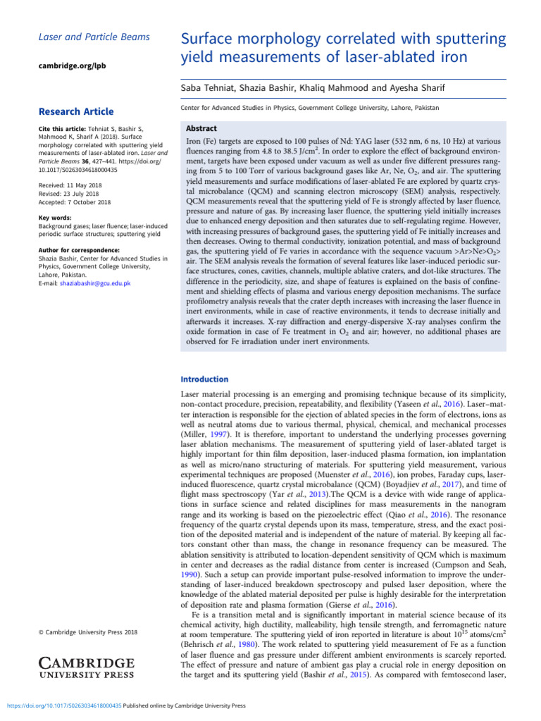 Surface Morphology Correlated With Sputtering Yield Measurements of Laser Ablated Iron | PDF ...