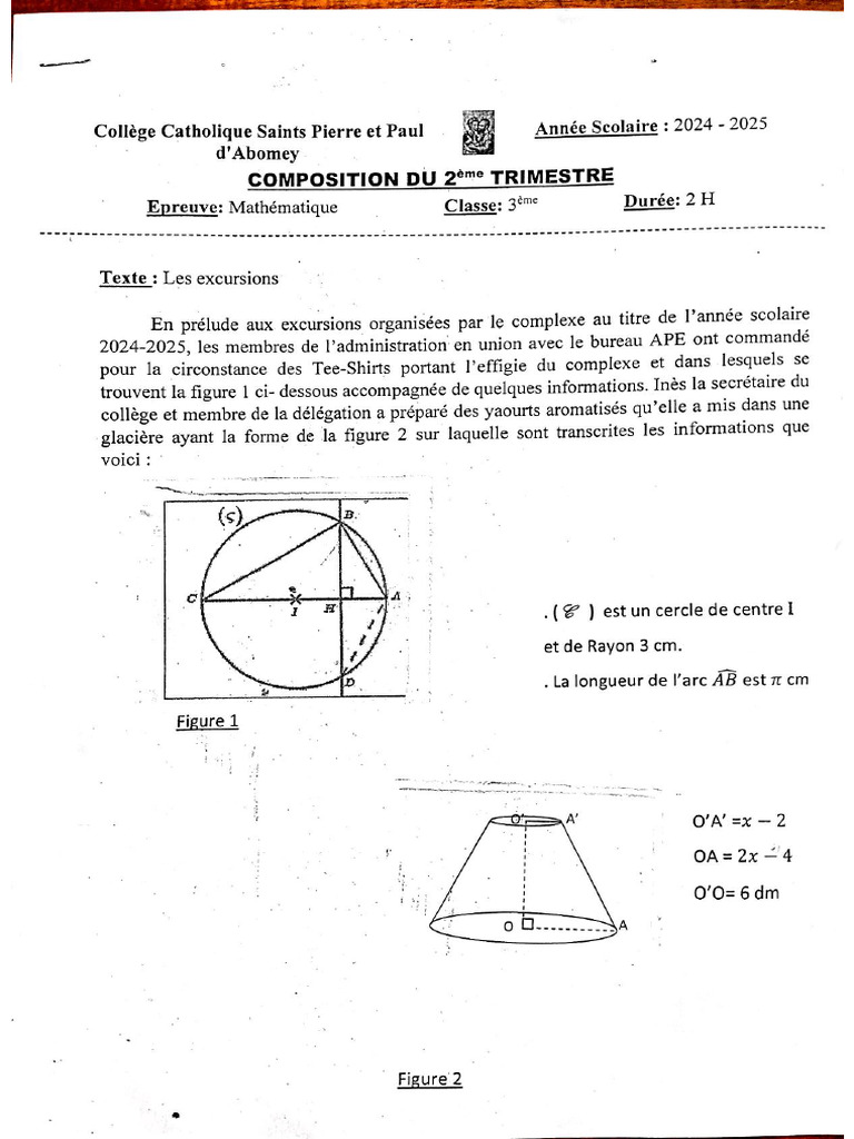 Devoir 2è Trimestre 24 25 Sts PP Maths 3è | PDF