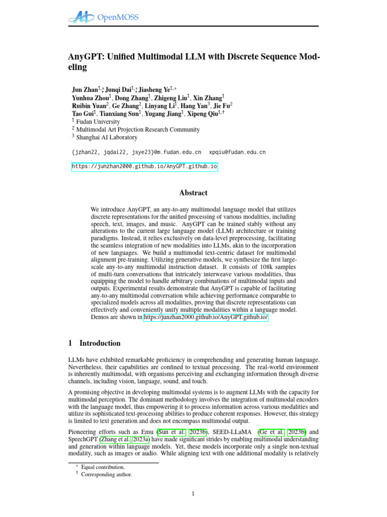 AnyGPT Unified Multimodal LLM With Discrete Sequence Modeling | PDF | Data Compression | Learning