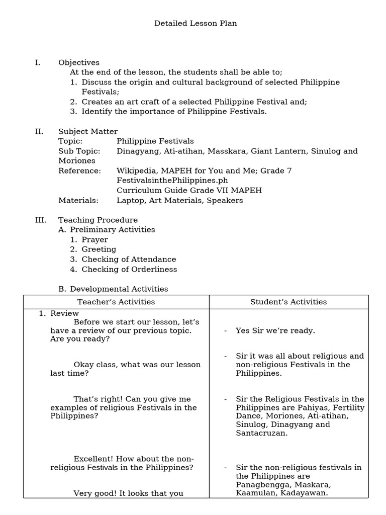 Philippine Festivals Lesson Plan | PDF | Festival