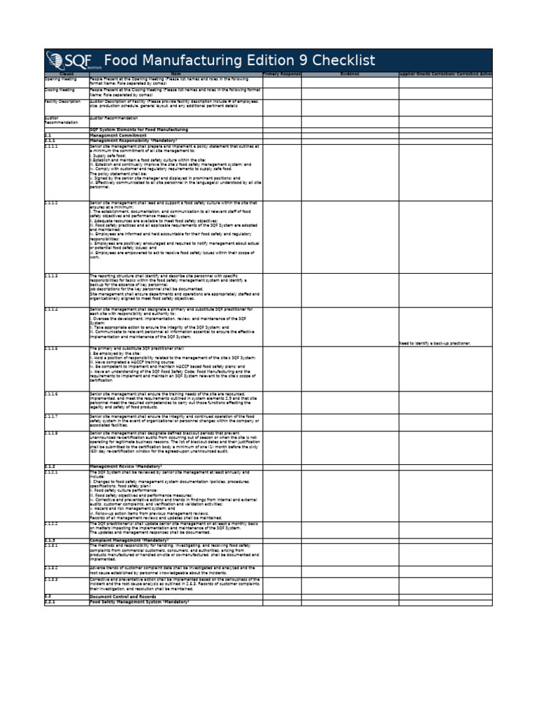 Food Manufacturing SQF Compliance Checklist | PDF | Food Safety ...