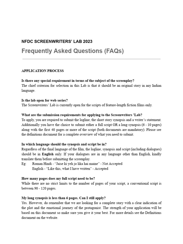NFDC Screenwriters' Lab 2023 FAQs | PDF