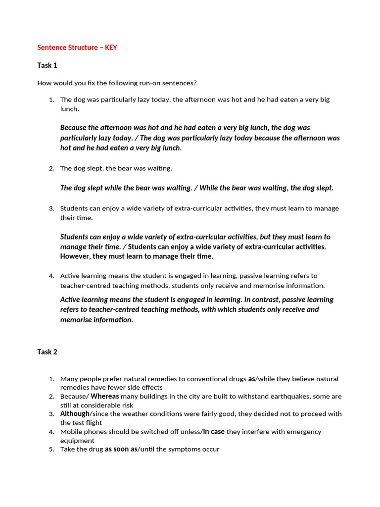 Sentence Structure Worksheet - KEY | PDF