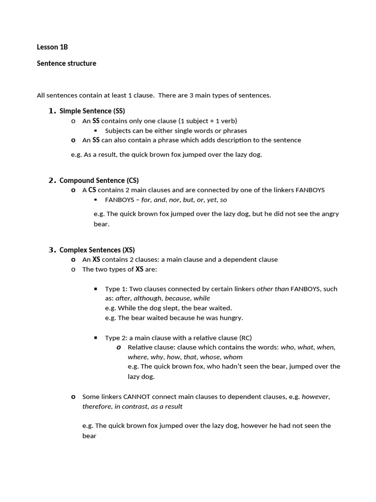 Sentence Structure Worksheet | PDF | Sentence (Linguistics) | Clause