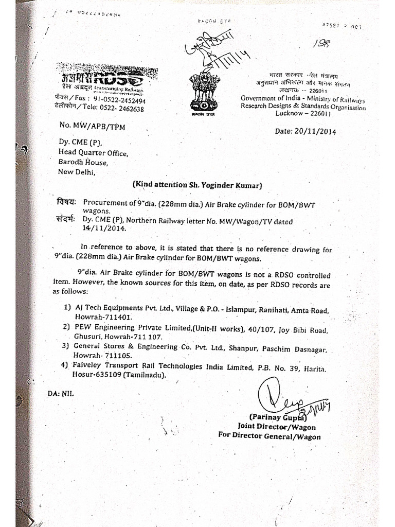 RDSO Letter For Air Brake Cylinder BOM - BWT Wagon DT 2 - 11 - 2014 | PDF