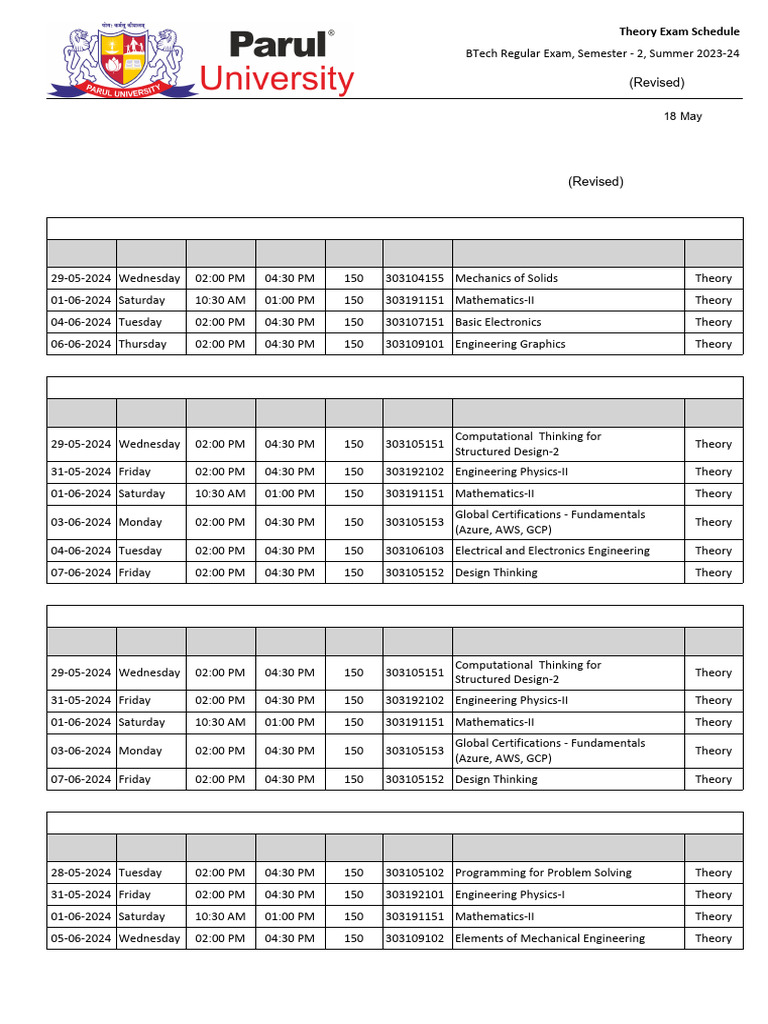 BTech Semester 2 Exam Schedule | PDF | Engineering | Academic Term