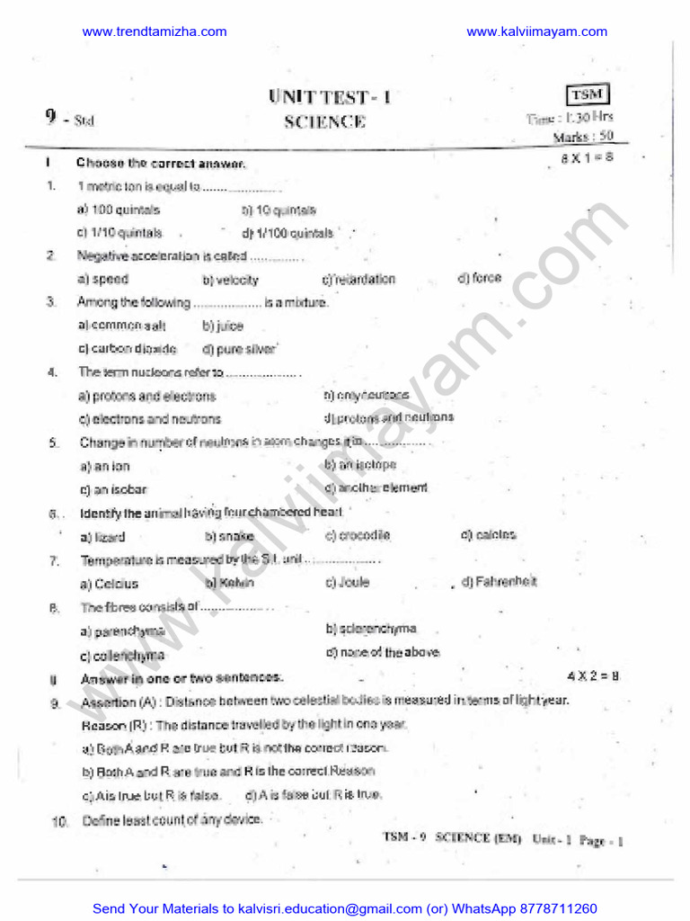 9th Science Unit Test 1 EM Madurai | PDF