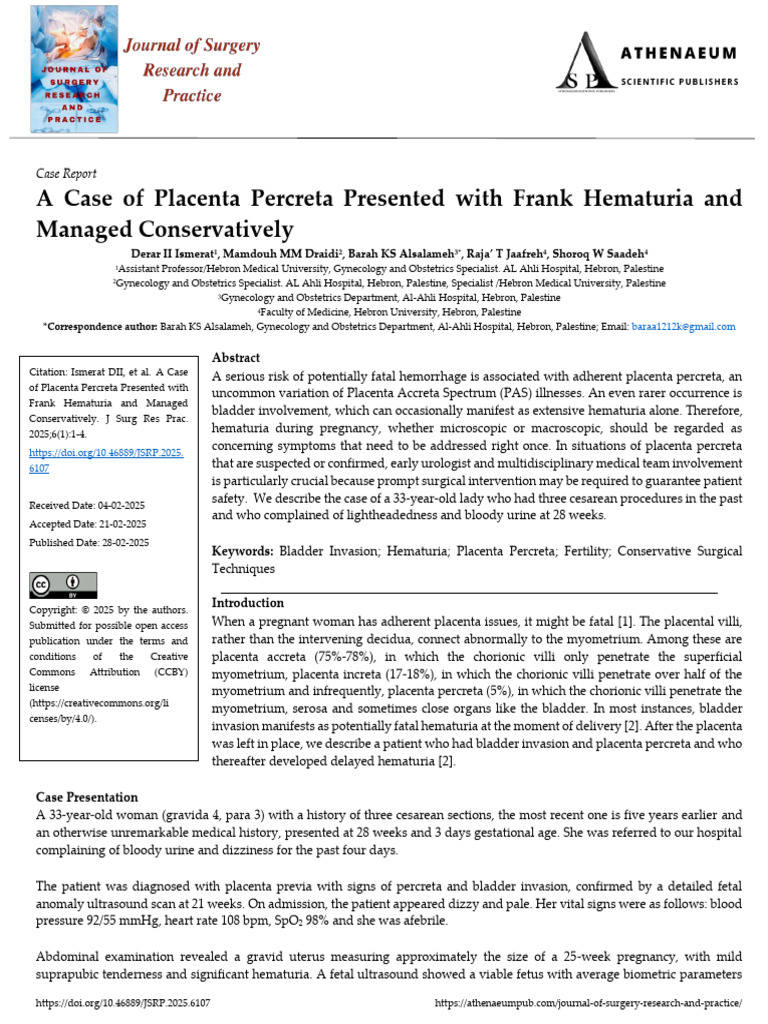 A Case of Placenta Percreta Presented With Frank Hematuria and Managed ...