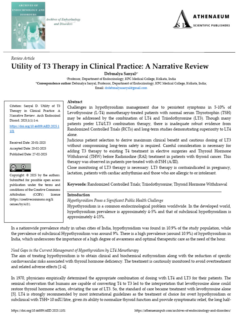 Utility of T3 Therapy in Clinical Practice A Narrative Review | PDF | Hypothyroidism | Thyroid ...