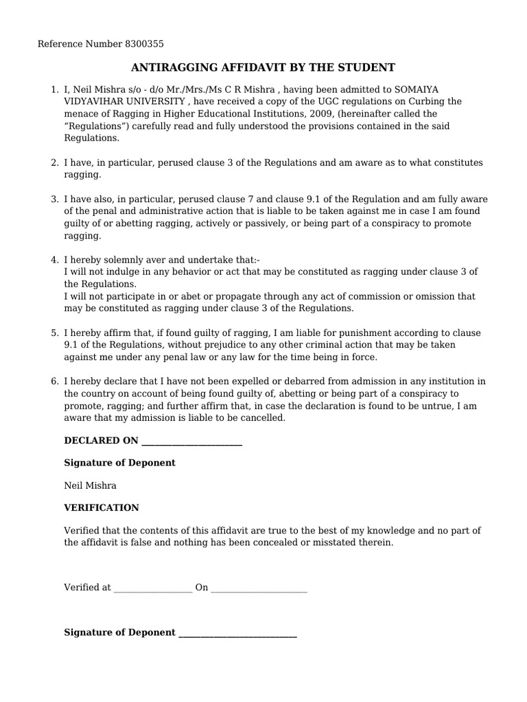 Antiragging Affidavit Form | PDF | Affidavit | Justice