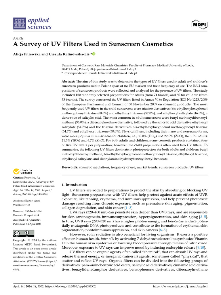 A Survey of UV Filters Used in Sunscreen Cosmetics | PDF | Sunscreen ...