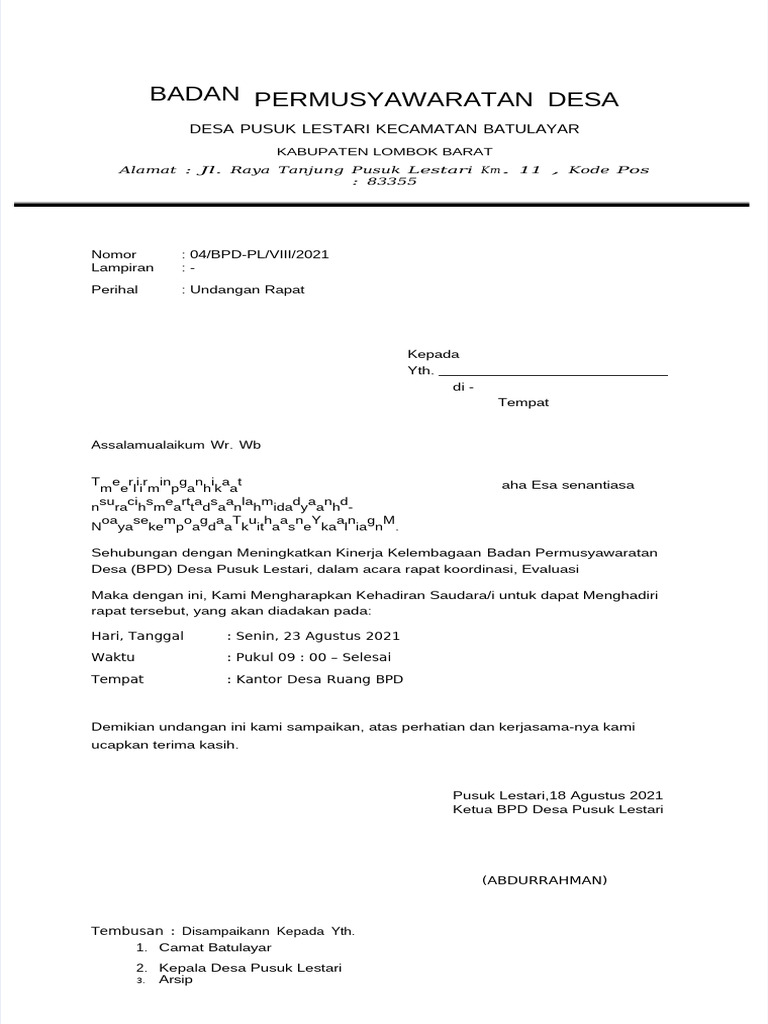 Undangan Rapat BPD Pusuk Lestari | PDF