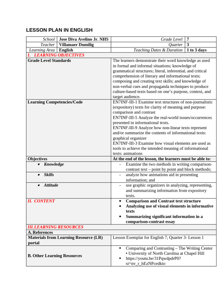 Lesson Plan-Compare & Contrast | PDF | Essays | Human Communication
