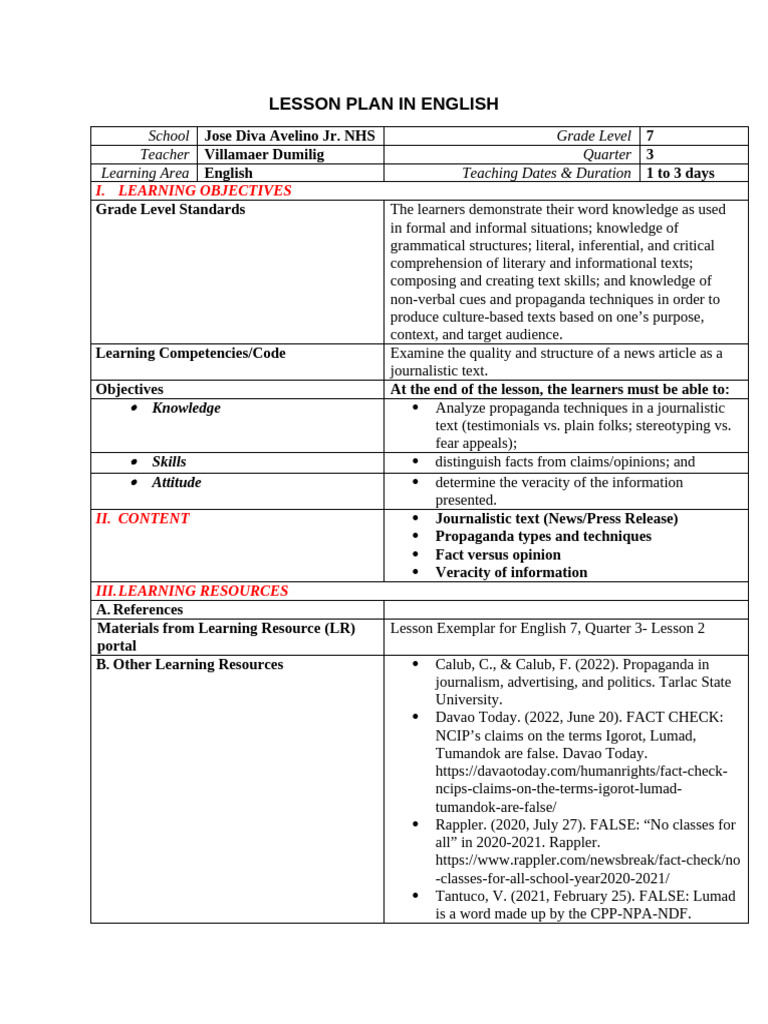 Lesson Plan-Compare 0 Contrast | PDF | Journalism | News