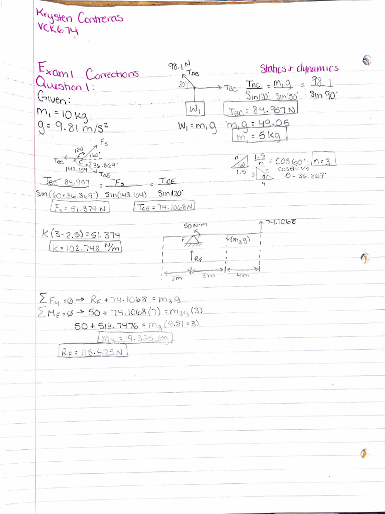 Exam 1 Corrections Statics Dynamics PDF | PDF