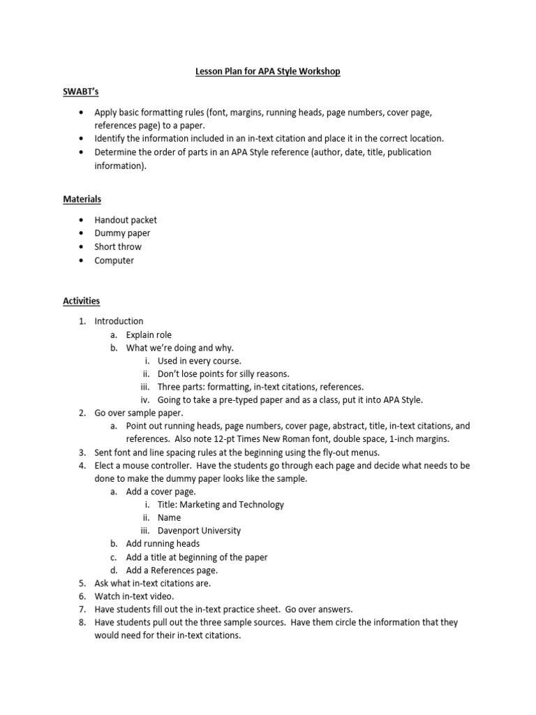 Lesson Plan For APA Style Workshop | PDF | Apa Style | Citation