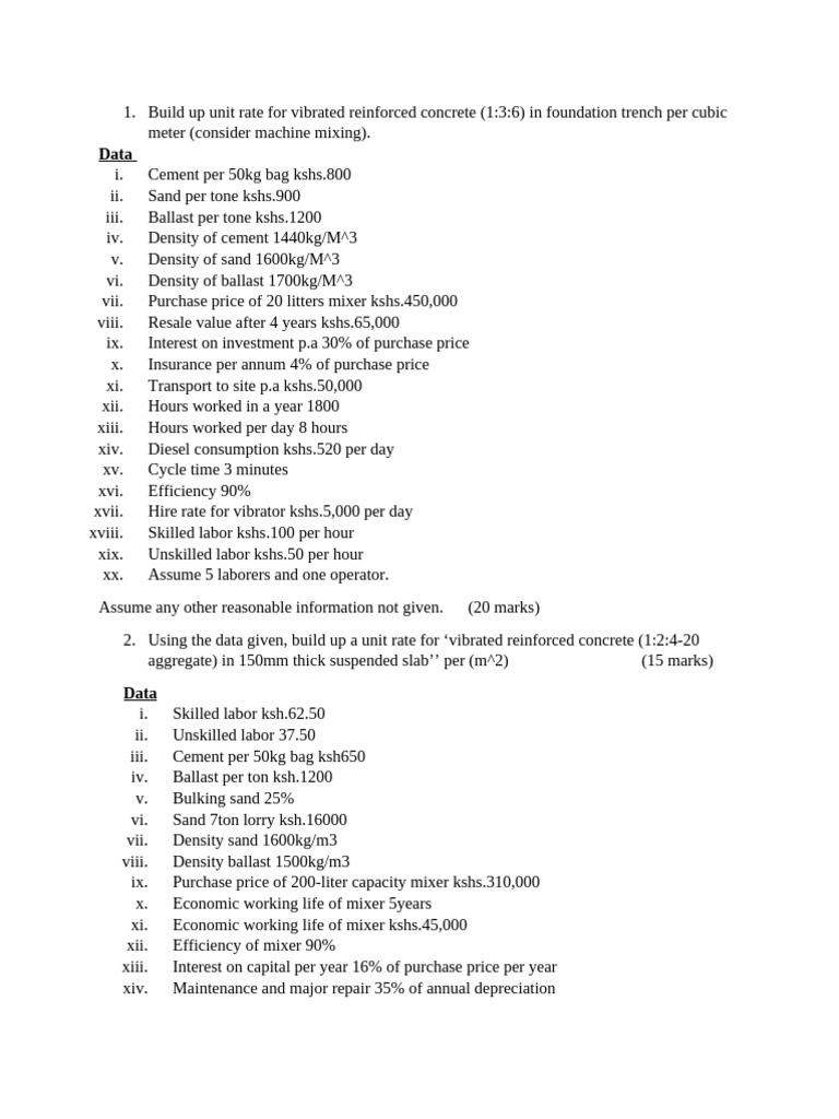 COSTING CONCRETE QUESTION (1) | PDF
