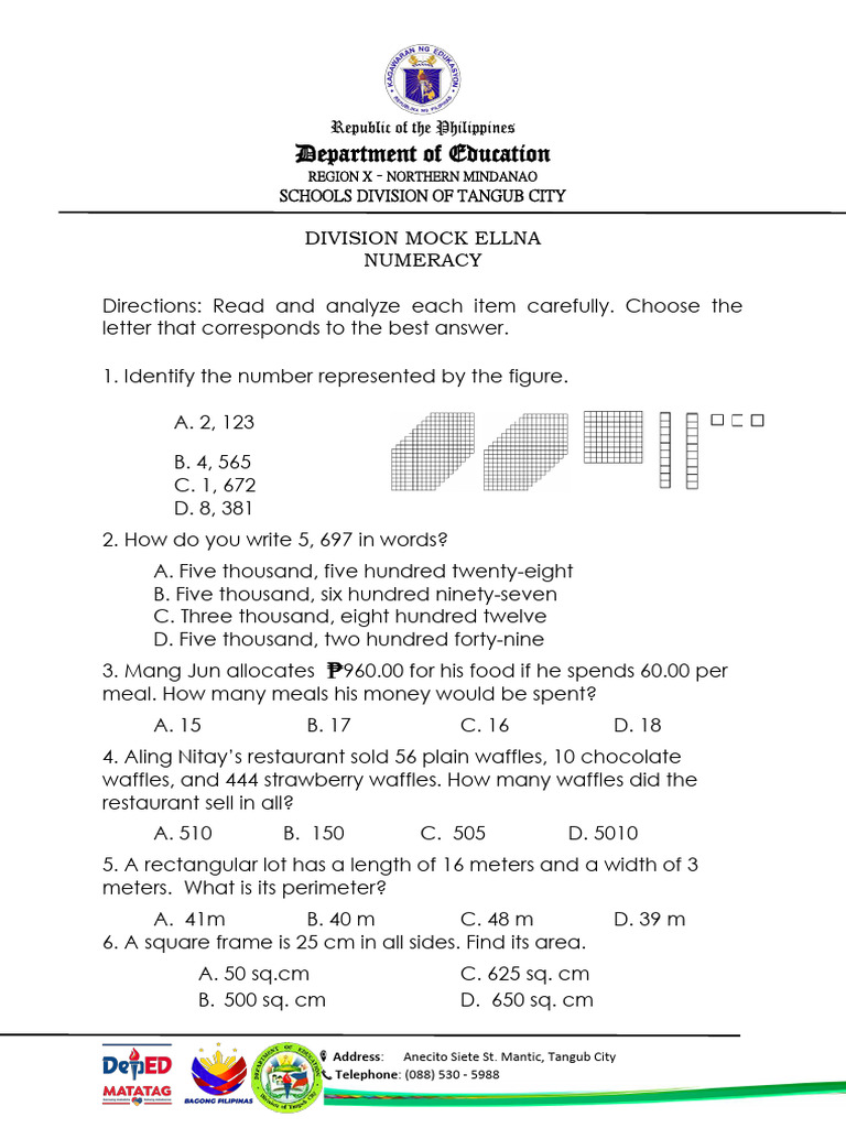 Division Mock ELLNA Numeracy Test | PDF | Lunch | Cooking