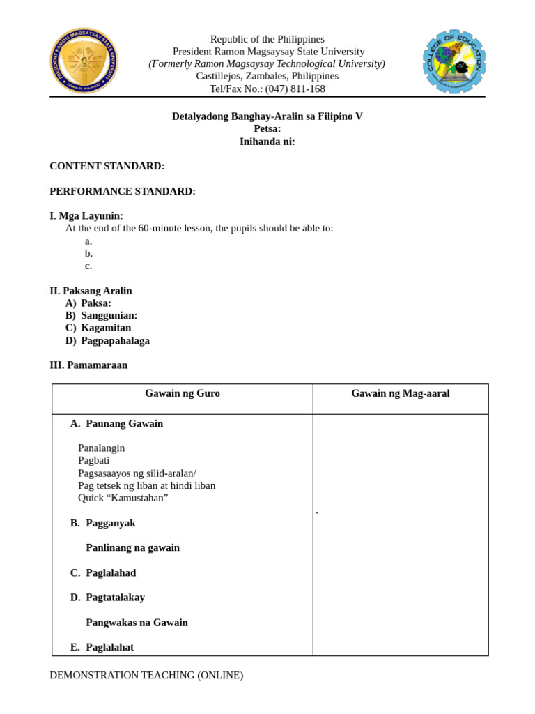 Detailed Lesson Plan Tagalog Template | PDF