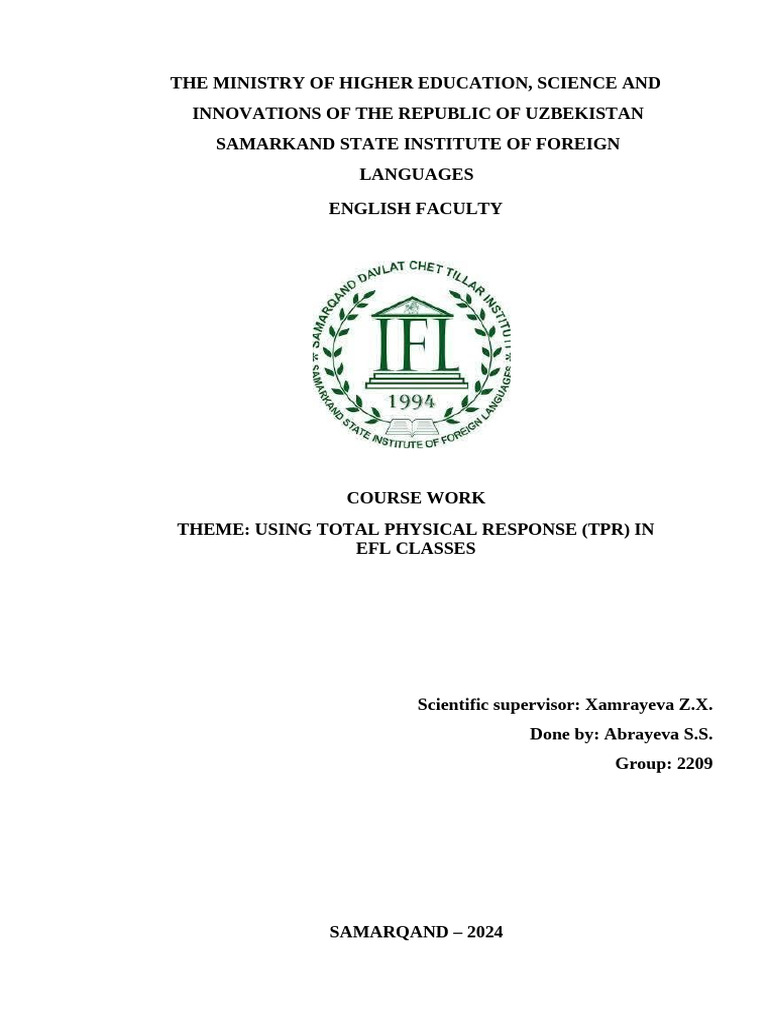 Total Physical Response in EFL Teaching | PDF | English As A Second Or ...