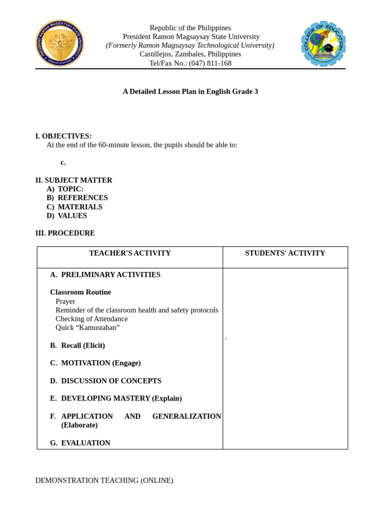 Detailed Lesson Plan Template | PDF