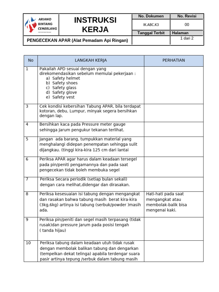 Pengecekan Alat Pemadam Api APAR | PDF