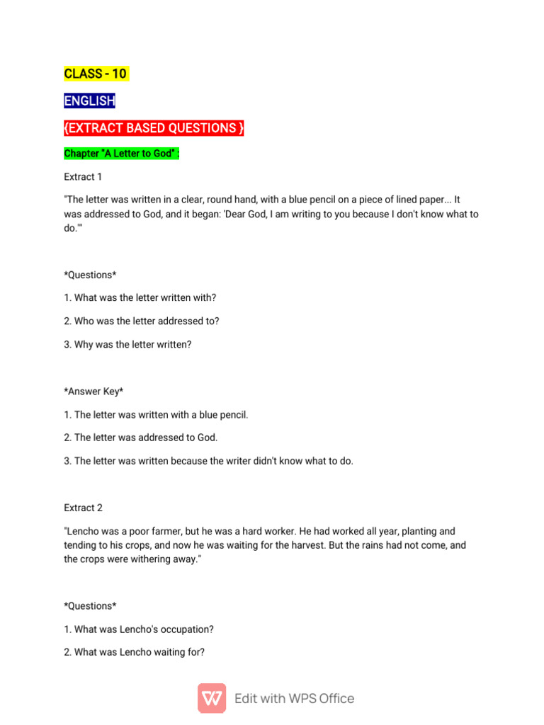 CLASS - 10 English (Extract Based Question) | PDF | Noble Eightfold ...