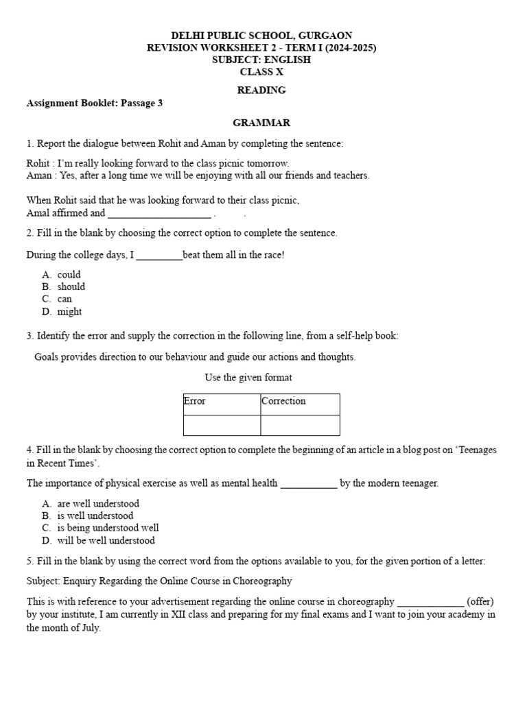 Class X English Revision Worksheet 2024 | PDF