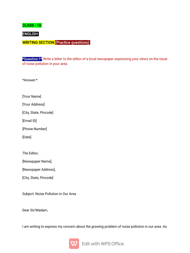 CLASS - 10 English (Writing Section) | PDF | Noise | Natural Environment