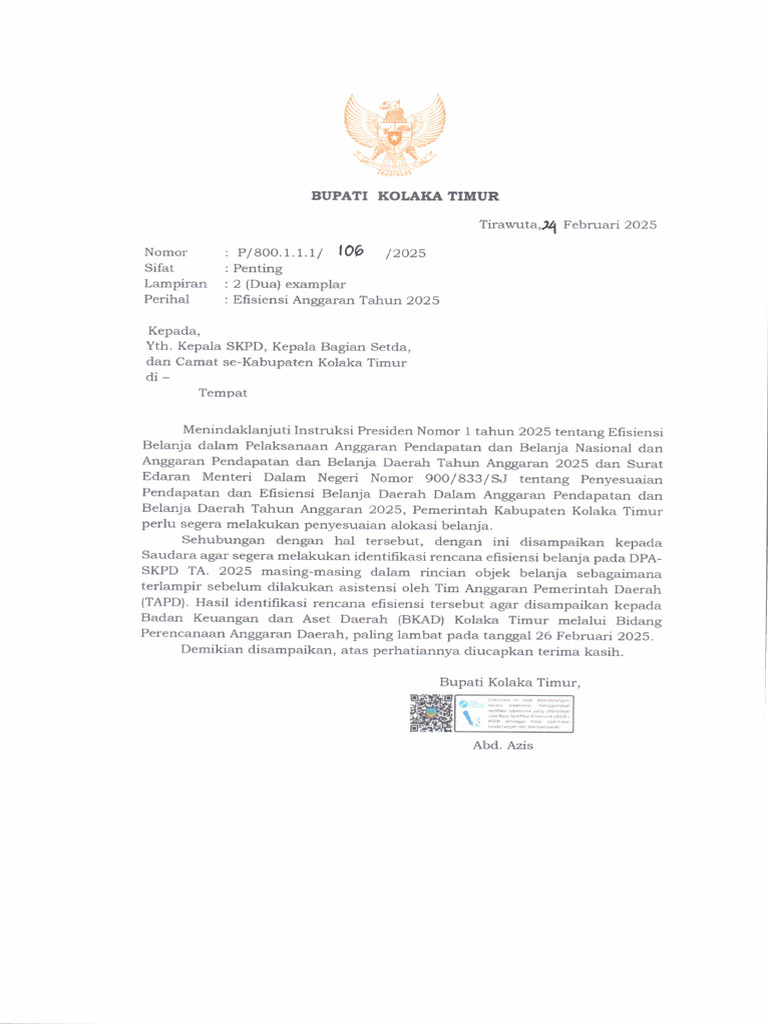 Surat Efisiensi Anggaran 2025 | PDF
