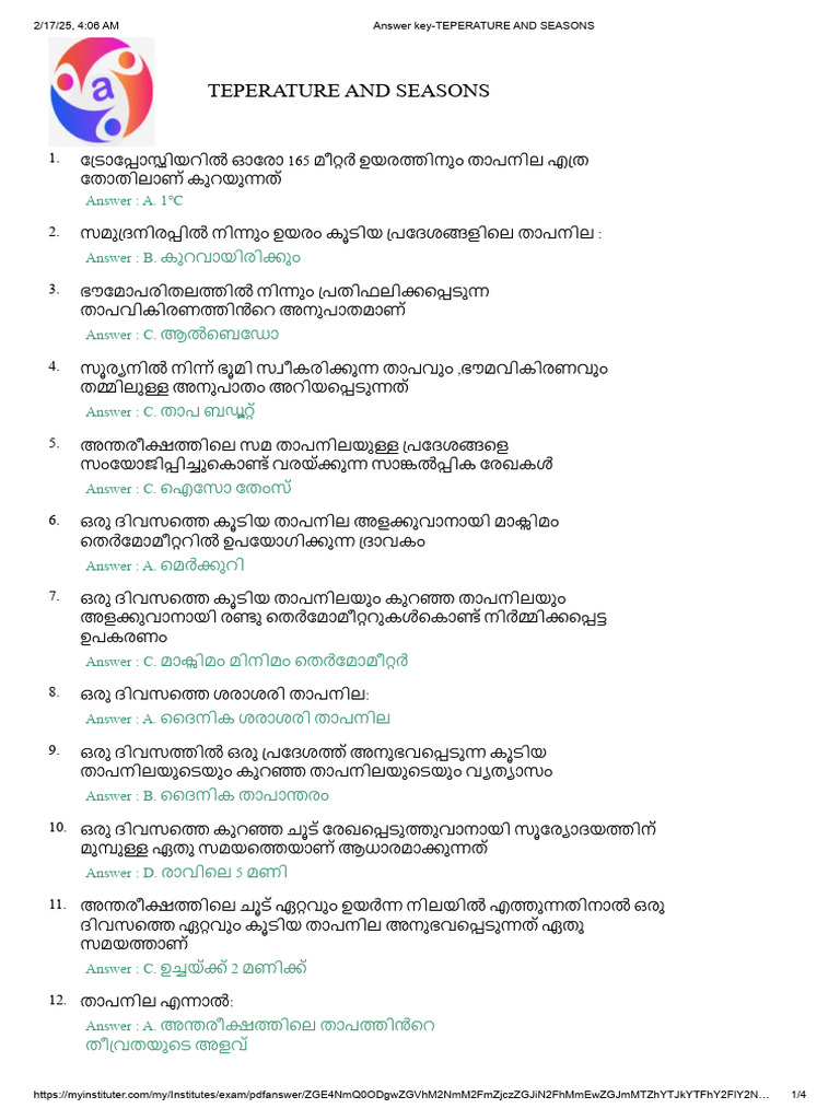Answer key-TEPERATURE AND SEASONS | PDF