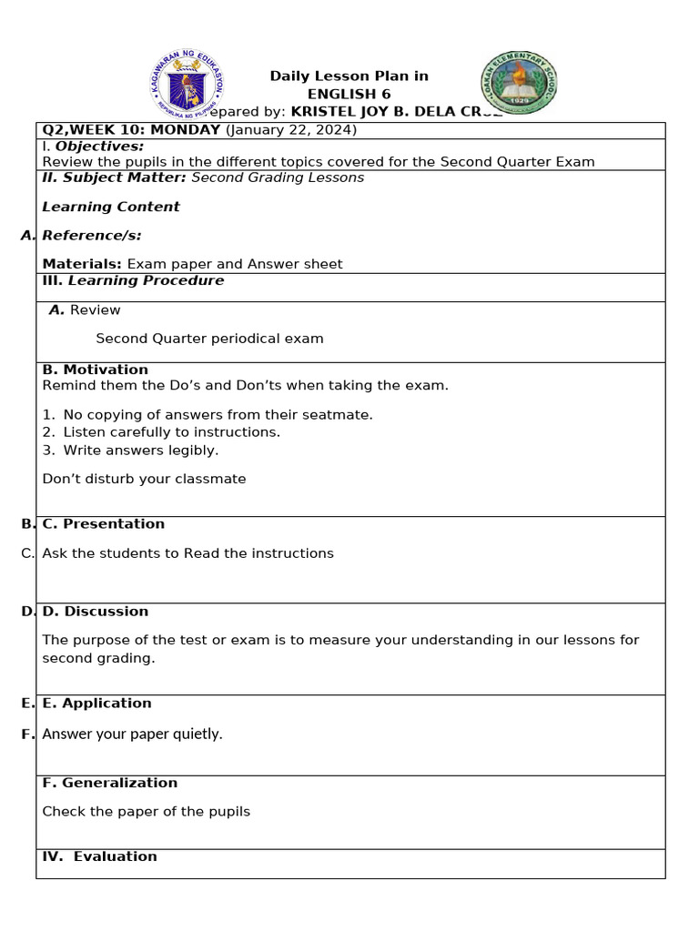 WEEK 10 2ND Quarter DLP 6 ENGLISH | PDF | Lesson Plan | Teachers