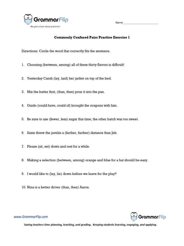 Commonly Confused Pairs GrammarFlip Worksheet PE1 | PDF